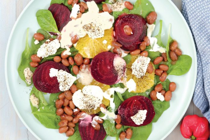 Recipe: Bean, Beet, Orange & Goat Cheese Salad With Chipotle Aioli Dressing
