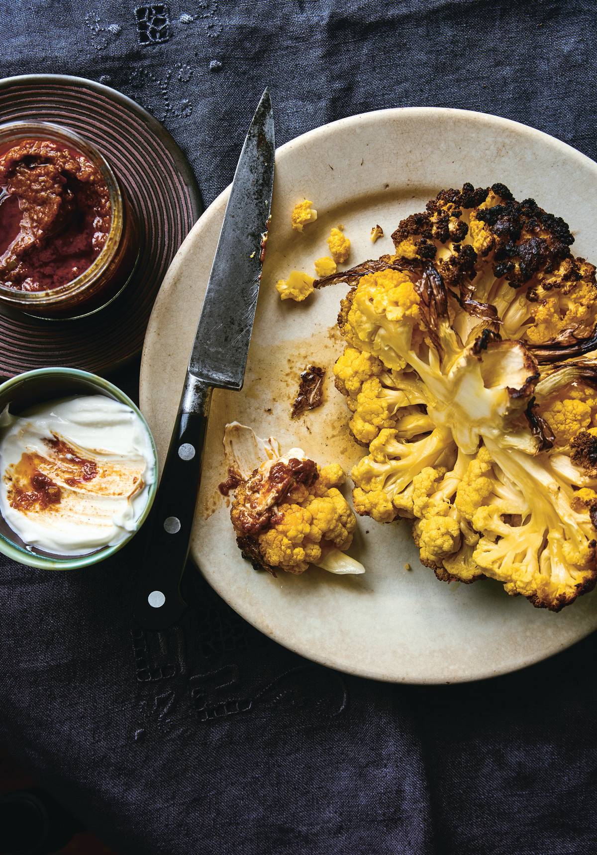 Recipe: Roasted Whole Cauliflower With Harissa + Yogurt